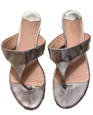 J. Crew Womens 6.5 Metallic Silver Leather Flip-Flops Slides Sandals ...