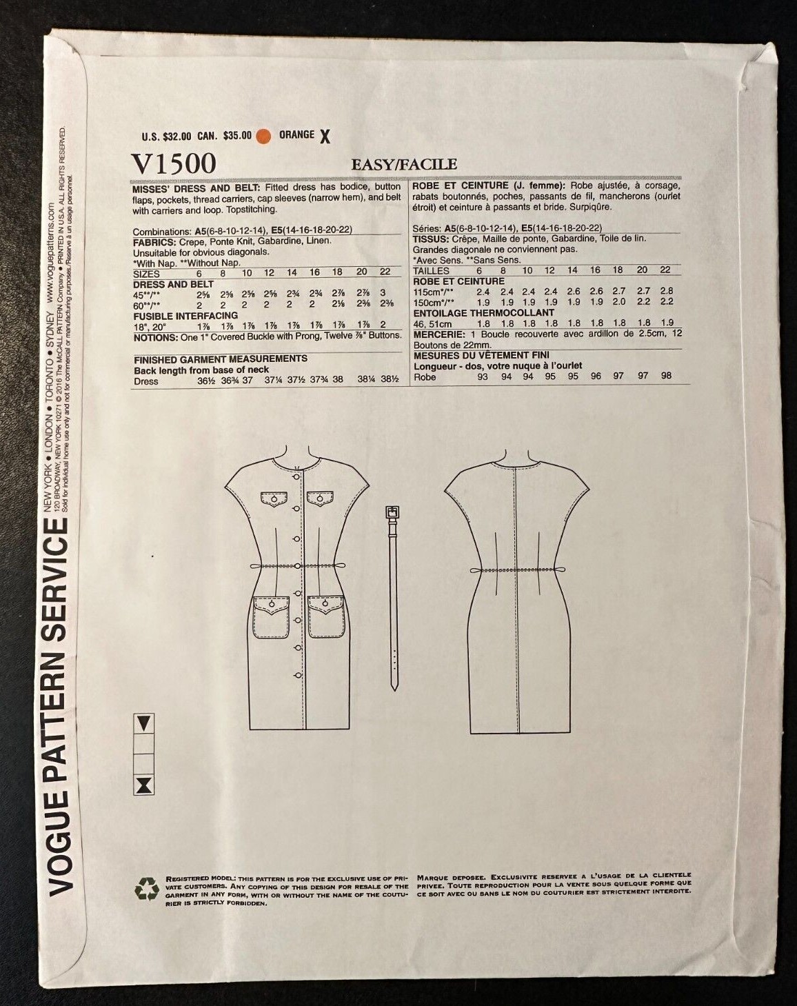 Vogue Sewing Pattern Pamella Roland V1233 14 16 18 20 Fitted Dress Belt ...