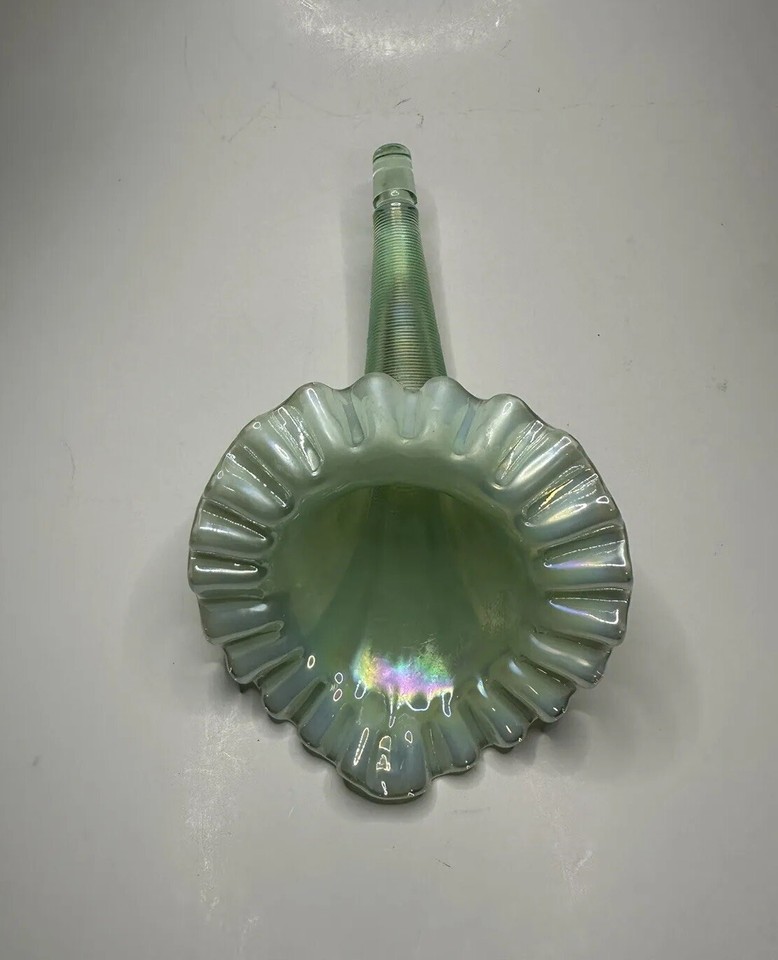 Vtg Fenton Glass Epergne Horn UV Reactive Ribbed Iridescent Sea Mist ...