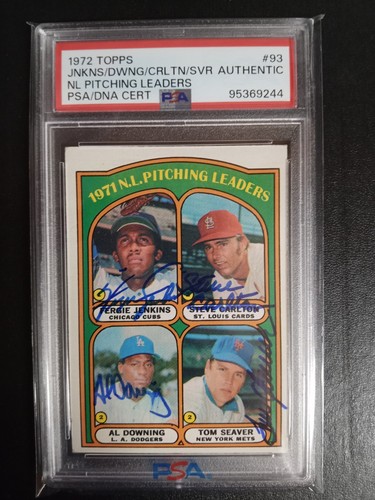 1972 TOPPS #93 LEADERS TOM SEAVER CARLTON JENKINS DOWNING PSA QUAD AUTO ...