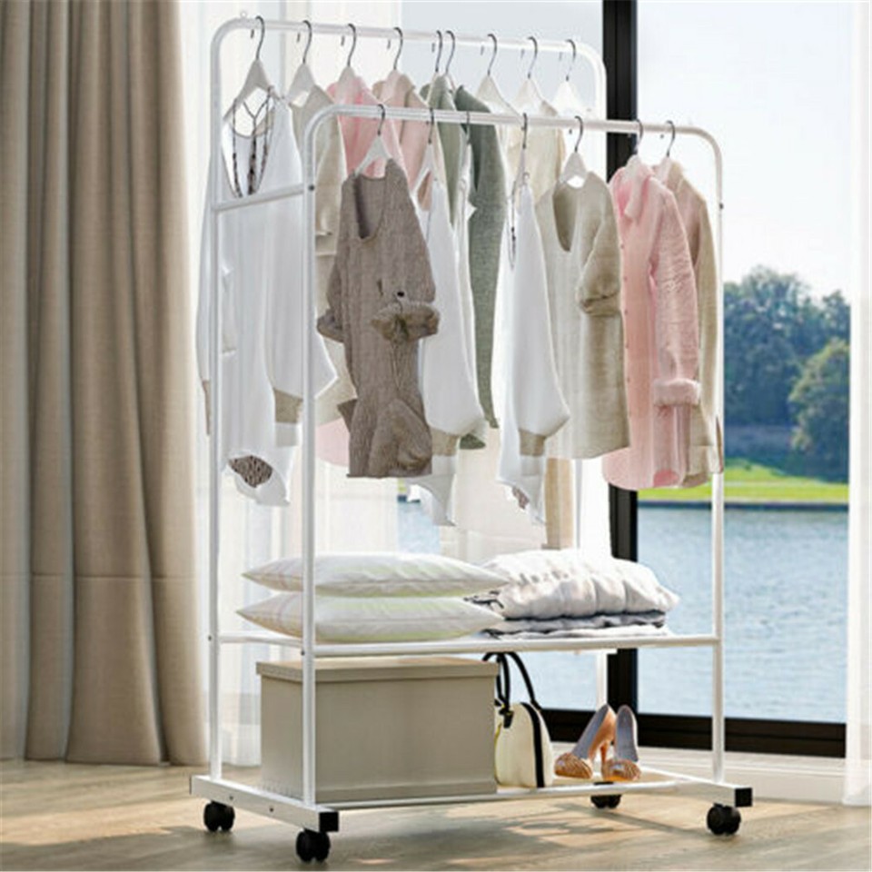 White Elegant Garment Dual Clothes Rack Rail Rolling Hanging Shelf ...