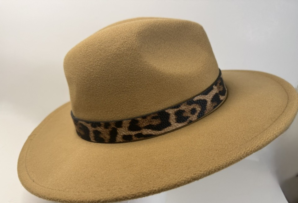 Catherine Malandrino camel-colored felt fedora hat with a leopard print ...