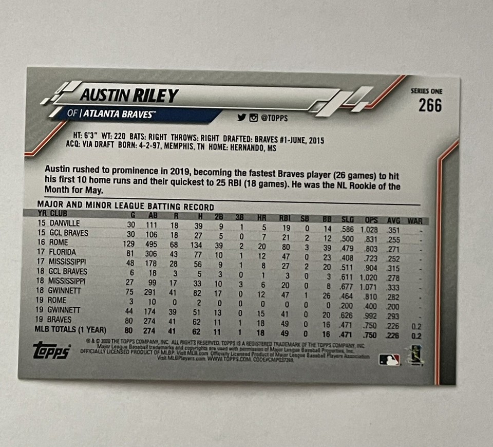 TOPPS 2020 AUSTIN RILEY #266 OUTFIELD ATLANTA BRAVES FUTURE STARS ...