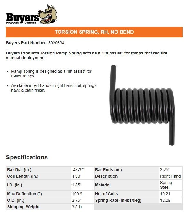 TRAILER RAMP TORSION SPRING SET LEFT & RIGHT 1.85" ID BUYERS 3020694 ...