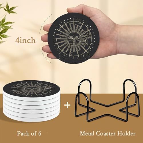 Drink Coasters with Holder,6 Pcs Absorbent Ceramic Coasters with Moon ...