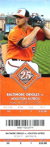 2017 Baltimore Orioles Houston Astros Game Ticket MLB Baseball Camden ...