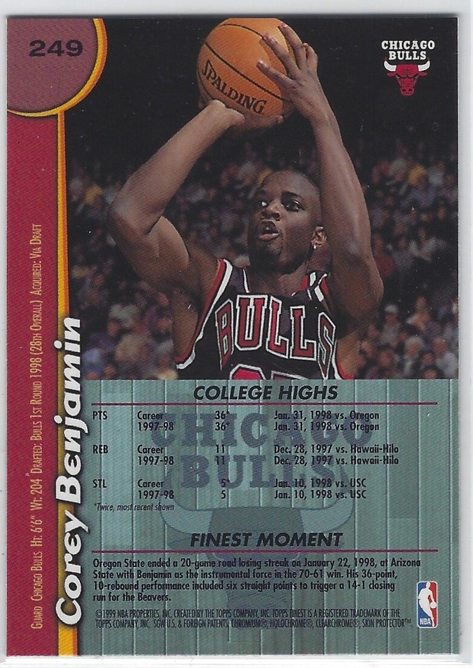 1998-99 TOPPS FINEST COREY BENJAMIN RC #249 CHICAGO BULLS OREGON STATE ...