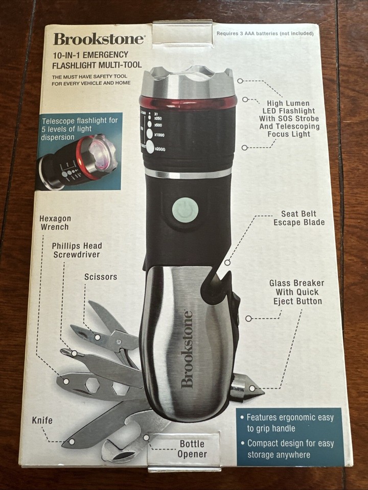 Brookstone 10 in 1 Emergency Flashlight Multitool Glass Breaker Safety ...