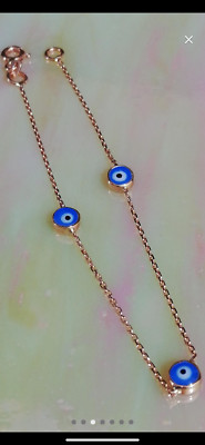 14K Solid Rose Gold Tiny Blue Evil Eye Station Bracelet, Minimalist ...