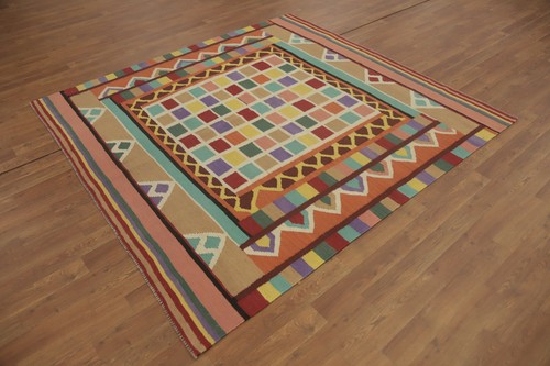 Checkered Wool Kilim Square Area Rug Pastel Color Hand woven Reversible ...