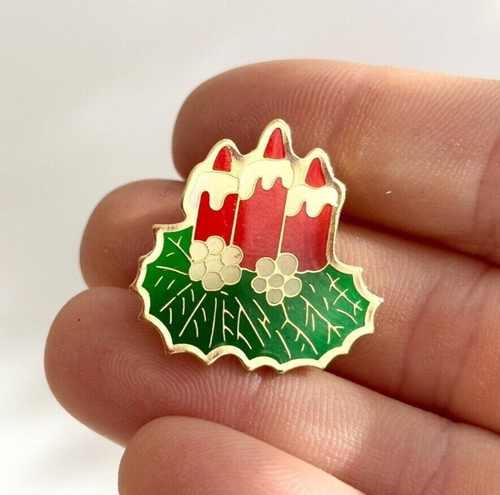 Gold Toned Triple Holiday Candle w/ Mistletoe Vintage Christmas Brooch ...