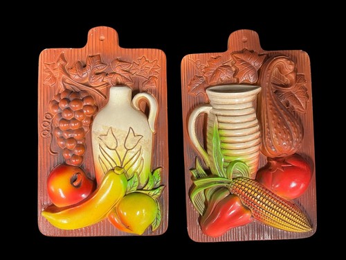2 VTG 1971 KITCHEN VEGETABLE FRUIT WALL DECOR MILLER STUDIO CHALKWARE ...