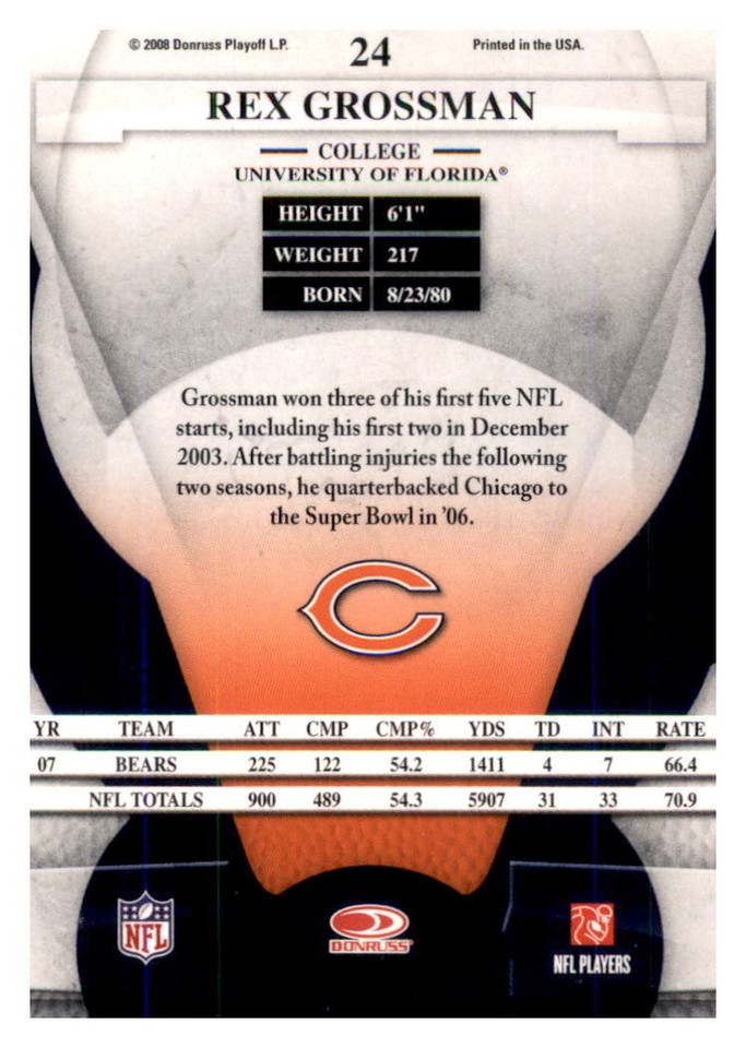 2008 Certified Rex Grossman NFL Base Card PWE Set Break Bears #24 | eBay