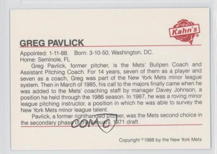 1988 Kahn's New York Mets Greg Pavlick #52 | eBay