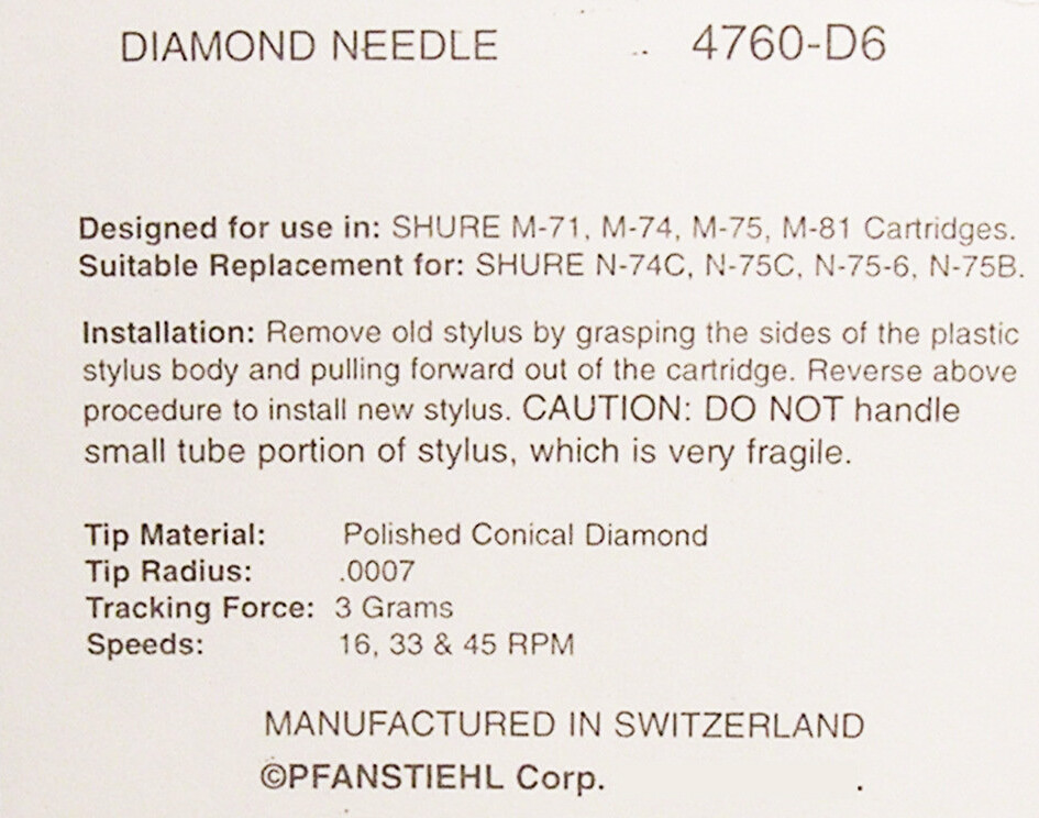 TURNTABLE STYLUS NEEDLE for Shure M71 M74 M75 M81 N75B M75B N75C 760-D6 ...