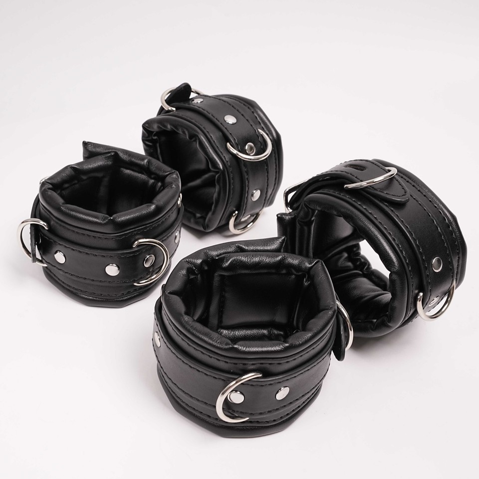 PU Leather Bondage Handcuffs+Ankle Cuffs+Neck Chocker Set with Chain ...