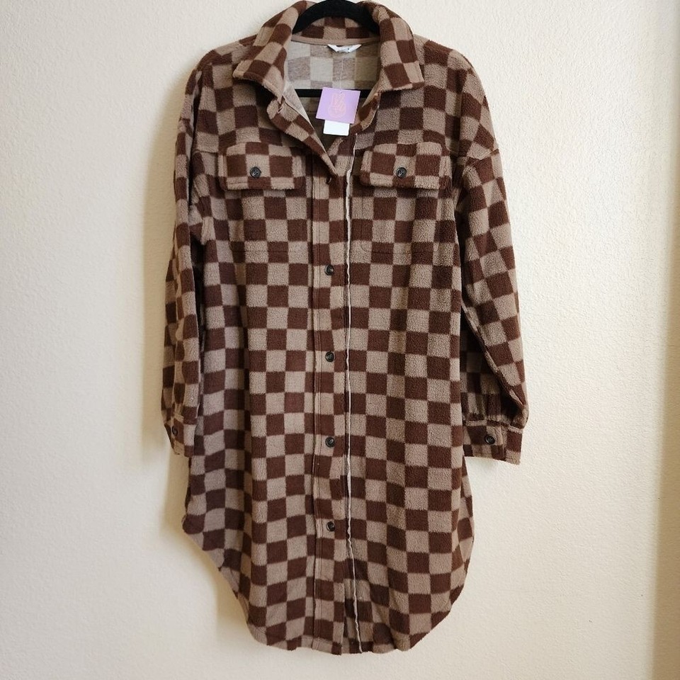 Ascot + Hart Checkered Fleece Graphic Shacket - Brown Check NWT | eBay