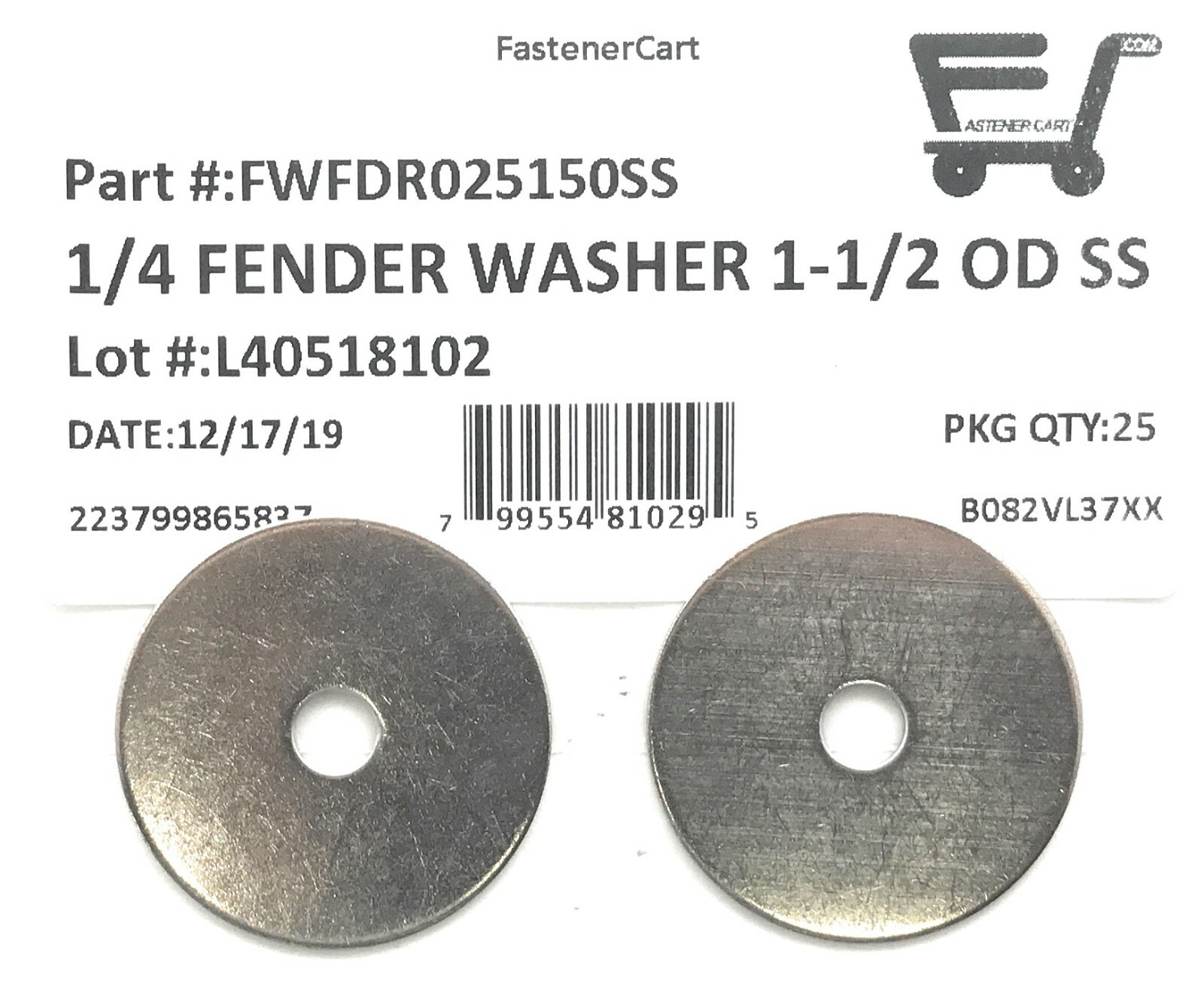 (25) 1/4 ID x 1-1/2 OD Stainless Steel Fender Washer Large OD Washers ...