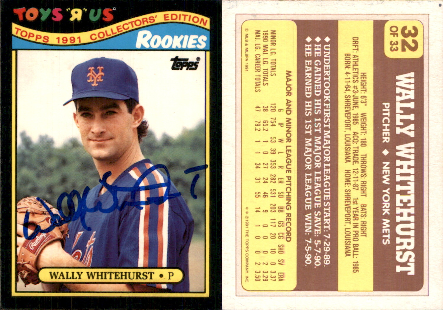 Wally Whitehurst Signed 1991 Topps Toys "R" Us Rookies #32 New York ...