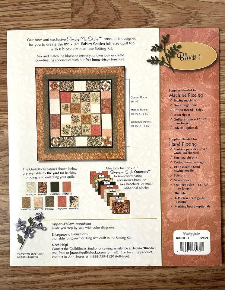 Jo Ann Simply My Style Paisley Garden Quilt Blocks 1-8 Kit Set New in ...