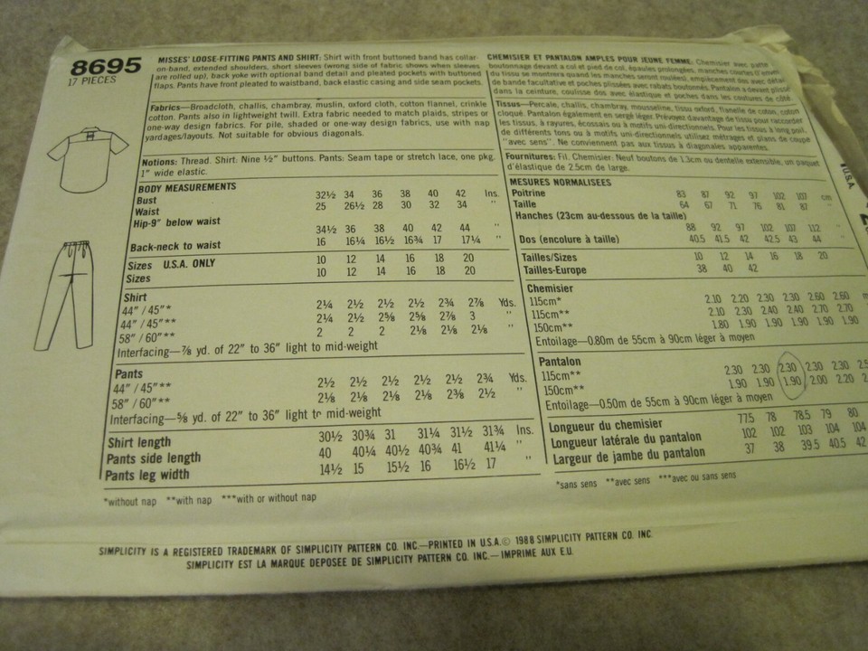 SIMPLICITY MISSES' PANTS & SHIRT SUPER SAVER 8695 Sewing Pattern UNCUT ...