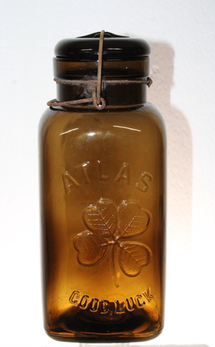 ATLAS GOOD LUCK FRUIT JAR 1/2 GALLON AMBER 4 LEAF CLOVER | eBay