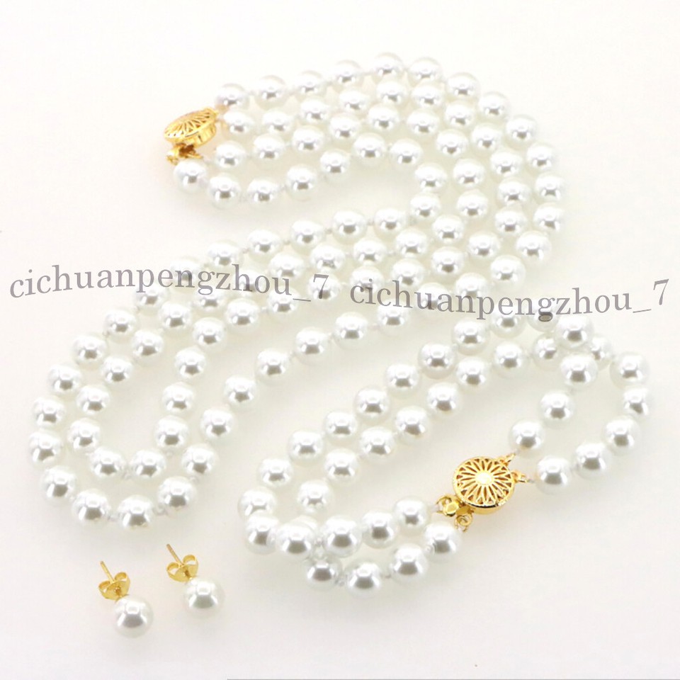 2 Rows 6/8/10/12mm White South Sea Shell Pearl Necklace Bracelet ...