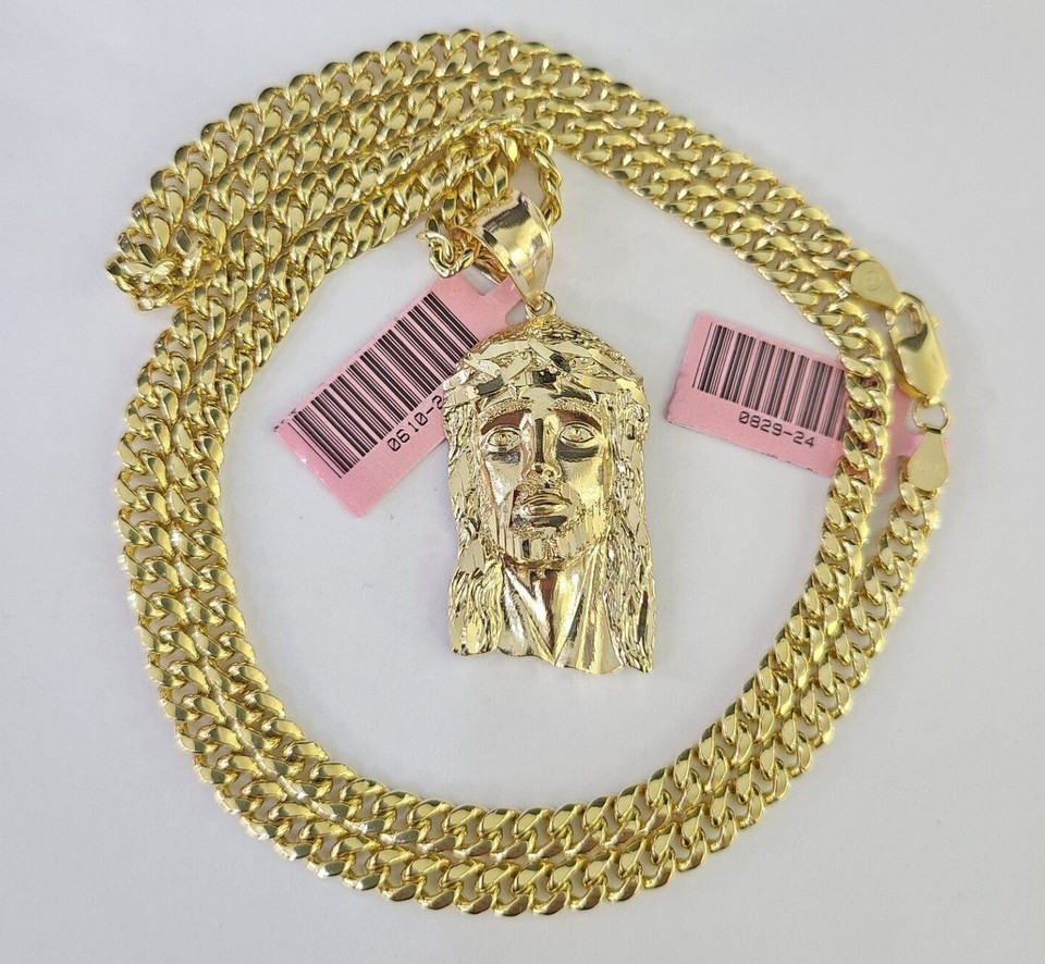 Real 14k Gold Chain Jesus Head Pendant Set 14kt Miami Cuban Link Chain ...