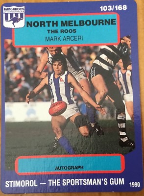 1990 AFL SCANLENS STIMOROL NORTH MELBOURNE KANGAROOS MARK ARCERI #103 ...