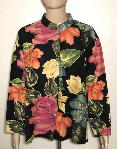 Chico's Design Women's Linen Blend 3/4 Sleeve Floral Black Pink Size 3 ...