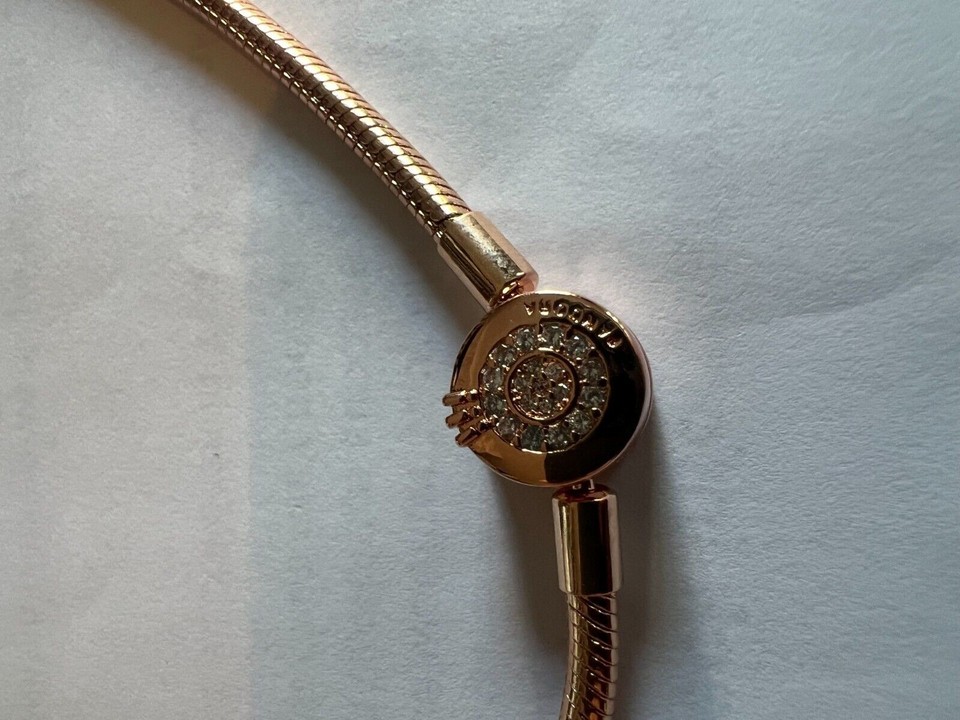 PANDORA ESSENCE rose gold logo round clasp fine snake chain necklace ...