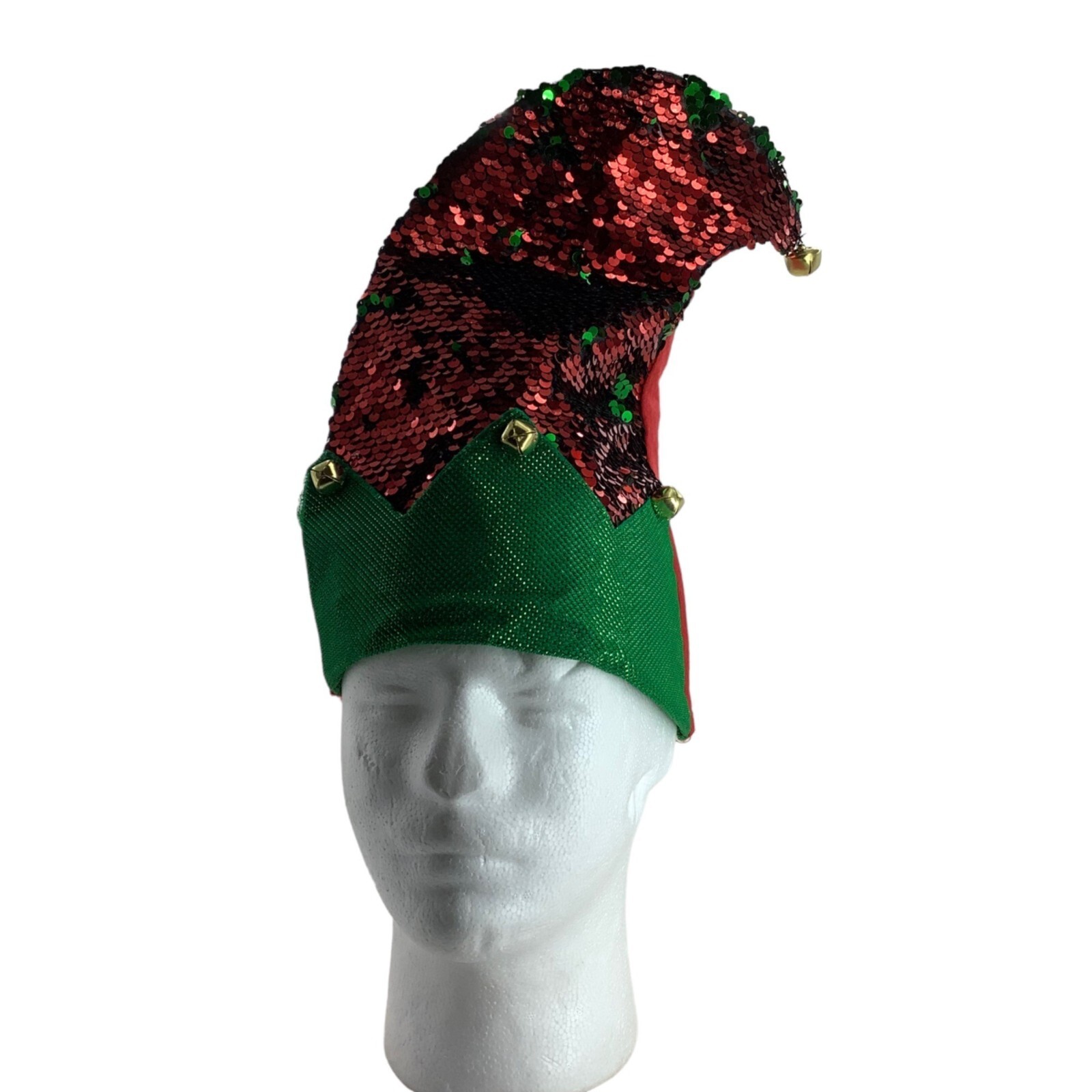 Jester Elf Hat Cap Red Green Flip Sequins Felt Jingle Bells One Size 12 ...