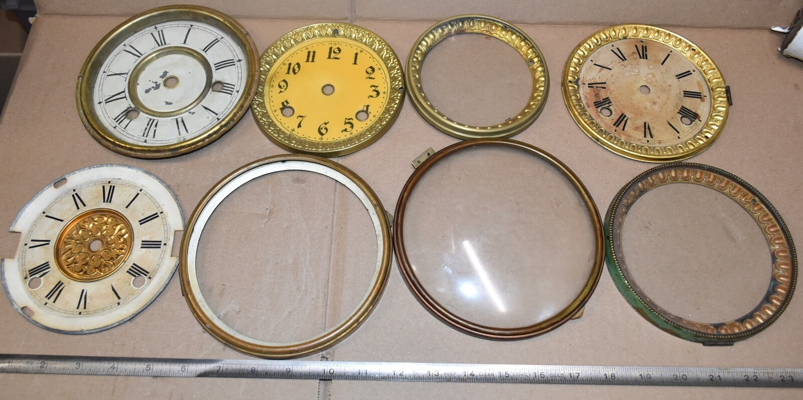 Antique Mantle Clock Bezels Some Dials & Glass Various Sizes 5 1/8"- 6 ...