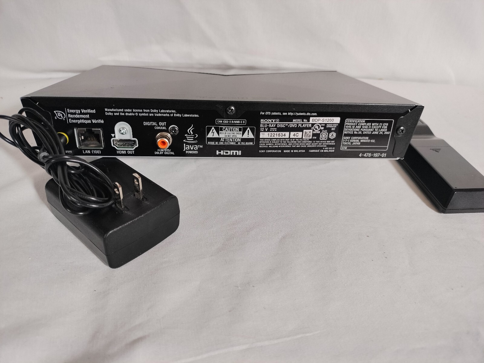 Sony BDP-S1200 Blu-Ray DVD Player with Remote, & Power Supply ...