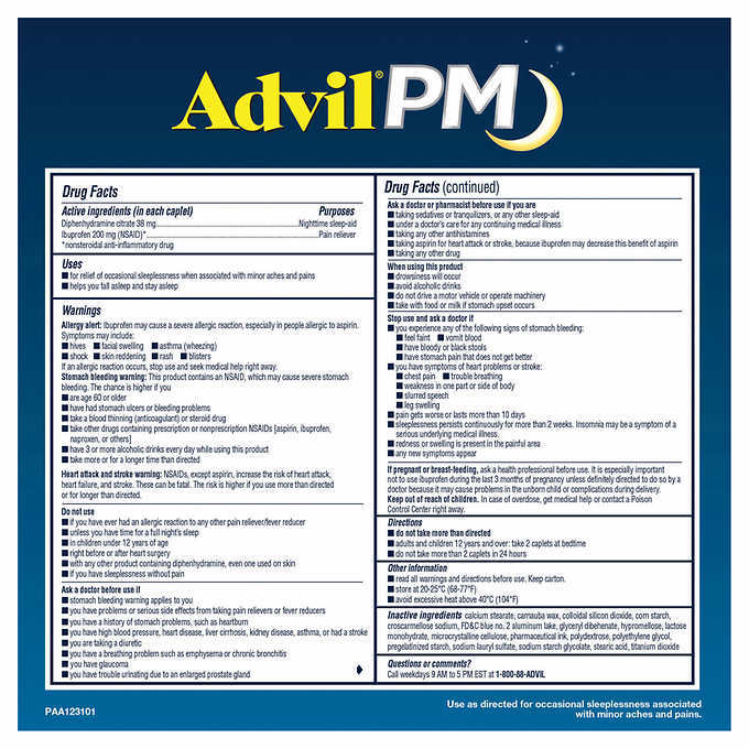 ADVIL PM Pain Reliever & Night Time Sleep Ibuprofen & Diphenhydramine ...