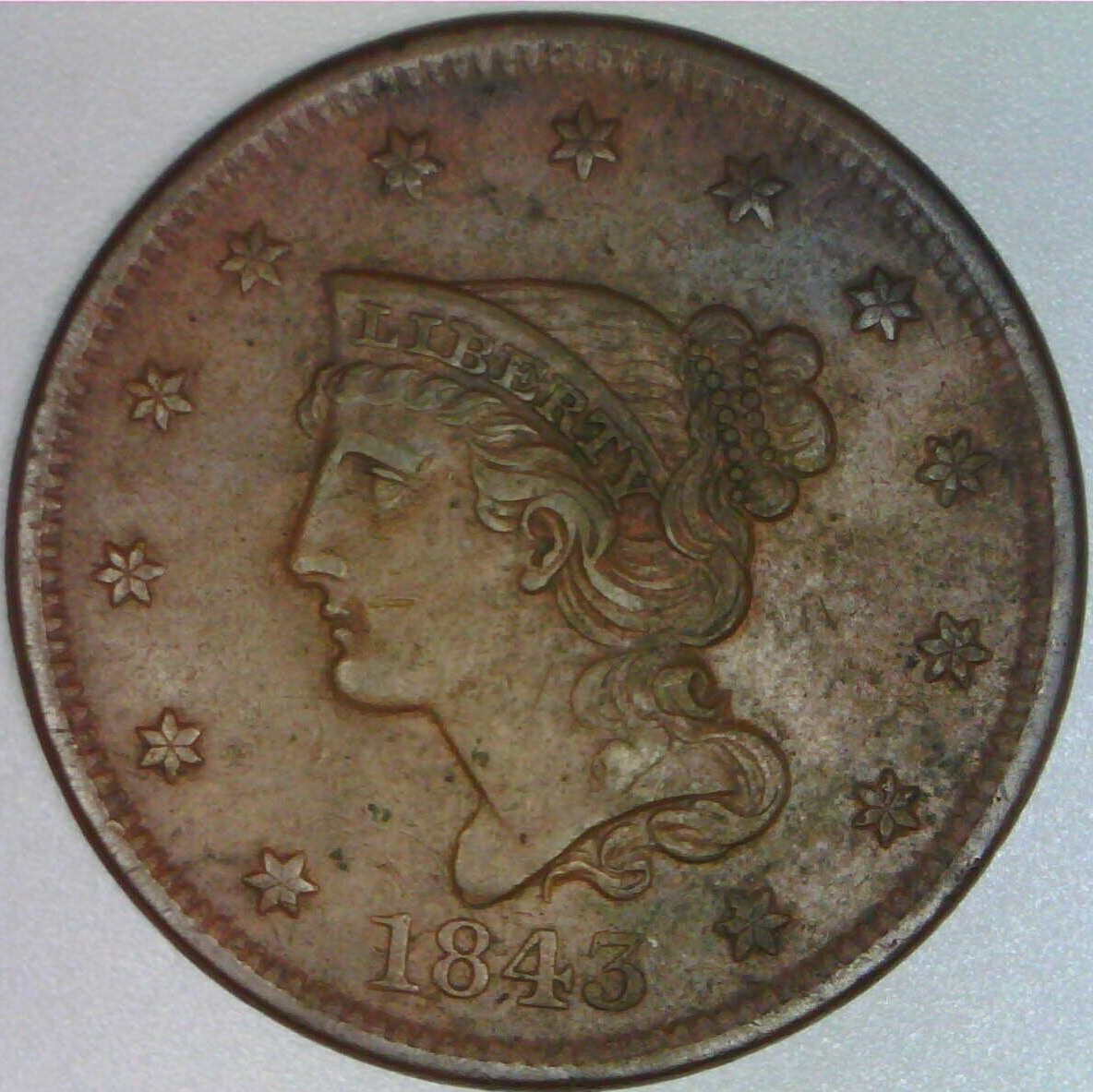 1843 Braided Hair Large Cent AU Details High Grade US 1 One Penny ...