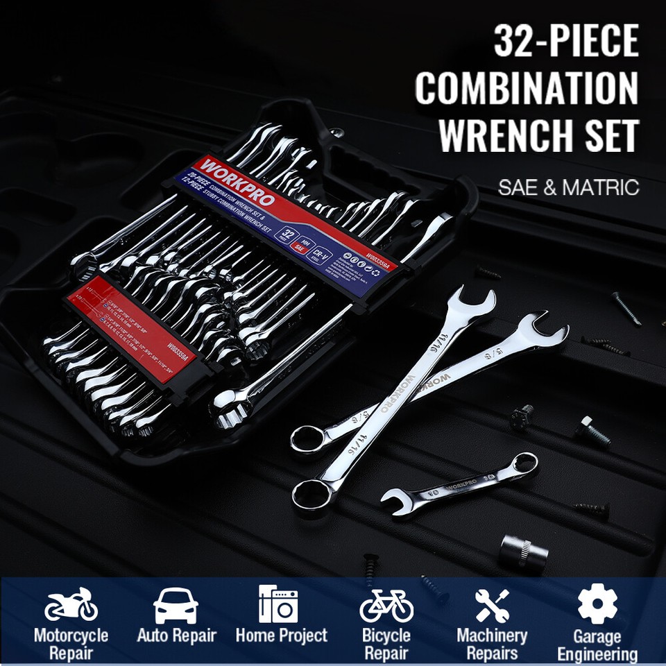 WORKPRO 32PC SAE&Metric Combination Wrench Set 12 PT Regular Wrenches ...