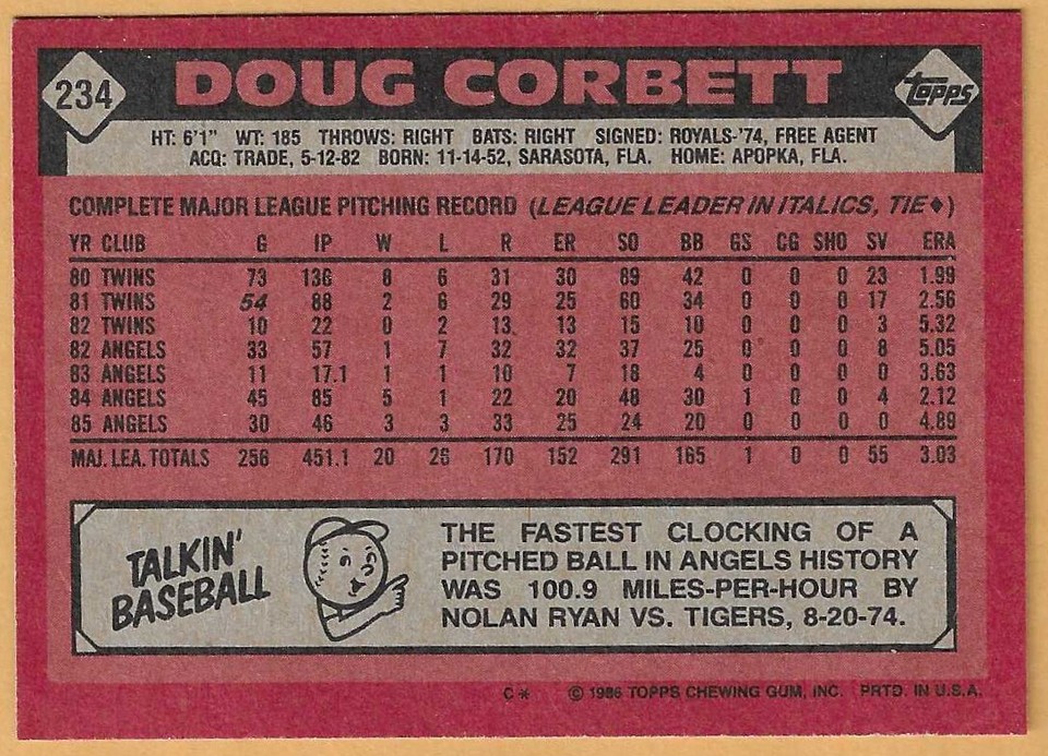 DOUG CORBETT ANGELS #234 - TOPPS NM-MT 1986 | eBay