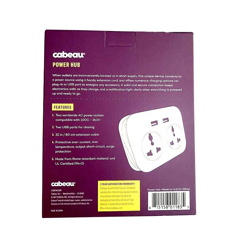Cabeau Power Hub World To Australia/China 32” Extension Cable W/ 2 USB ...