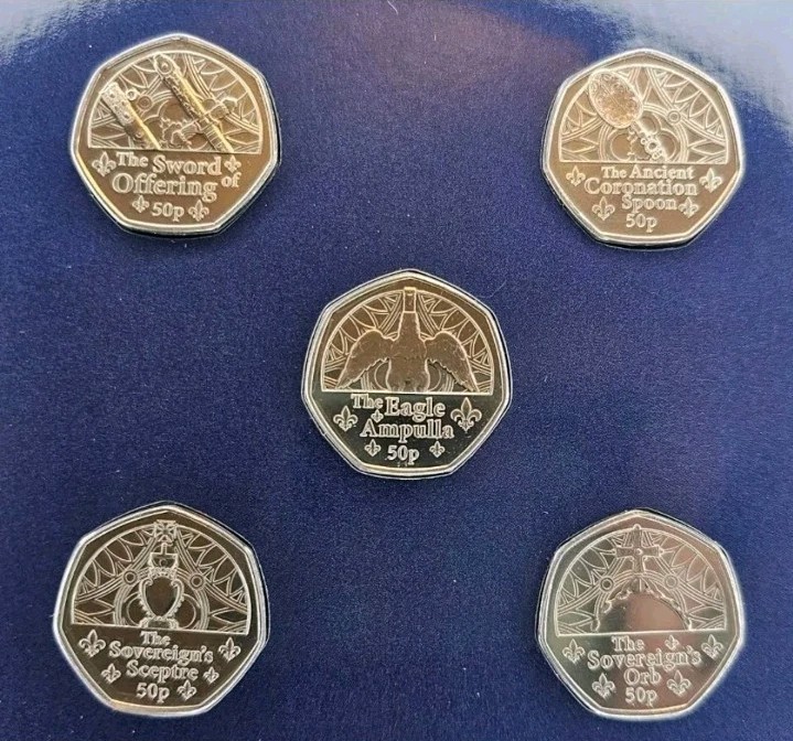 THE CORONATION REGALIA 50p King Charles III FIFTY PENCE COIN SET Sword ...