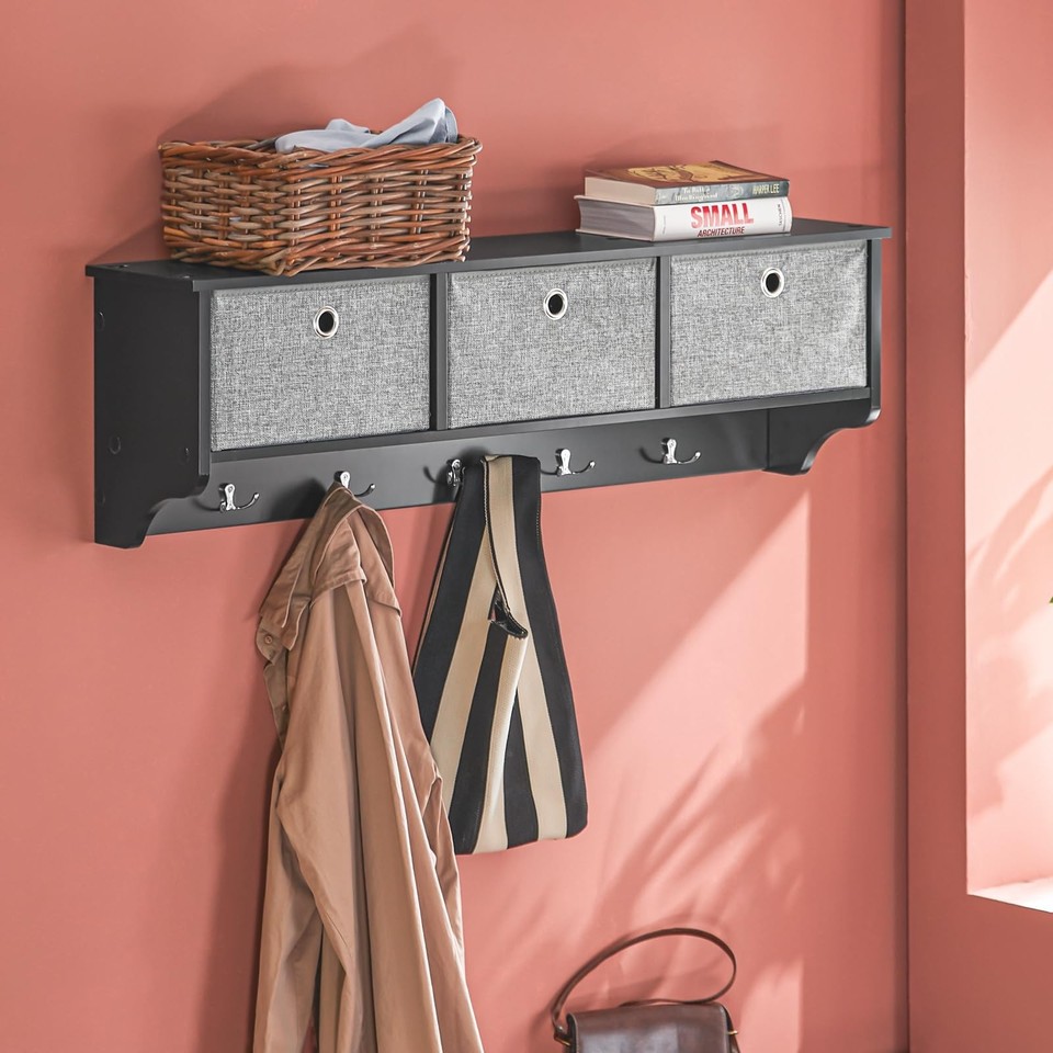 Wall Shelf with Hooks, Coat Rack Wall Mount with Shelf Entrywall ...