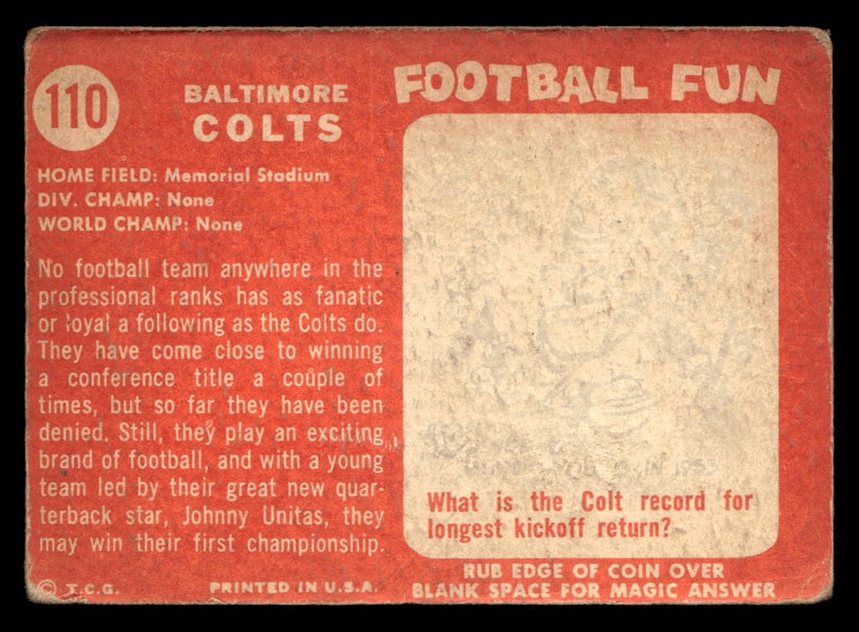 Baltimore Colts 1958 Topps Team Card #110 Johnny Unitas Lenny Moore | eBay