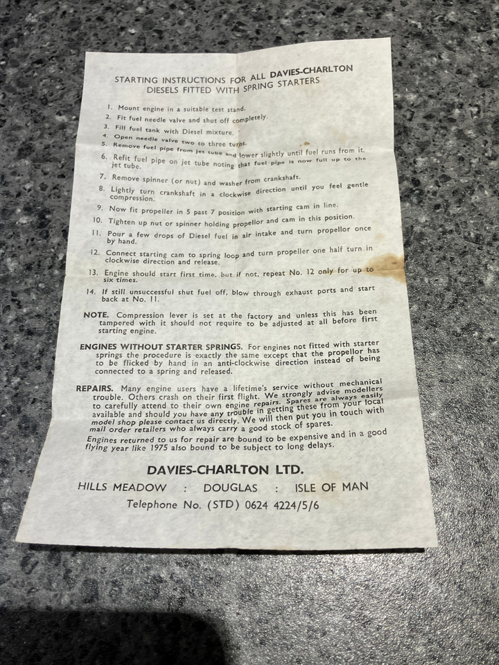 DC DAVIES CHARLTON MERLIN (0.76cc) MODEL DIESEL AEROPLANE ENGINE ...