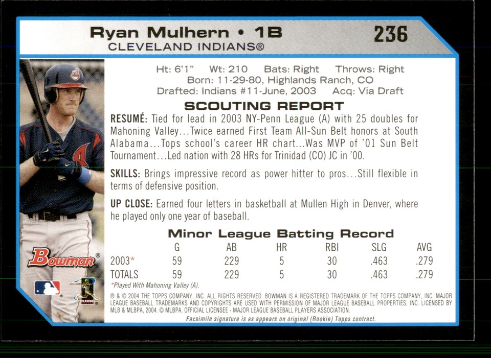 2004 Bowman Ryan Mulhern #236 FY, RC Cleveland Indians | eBay