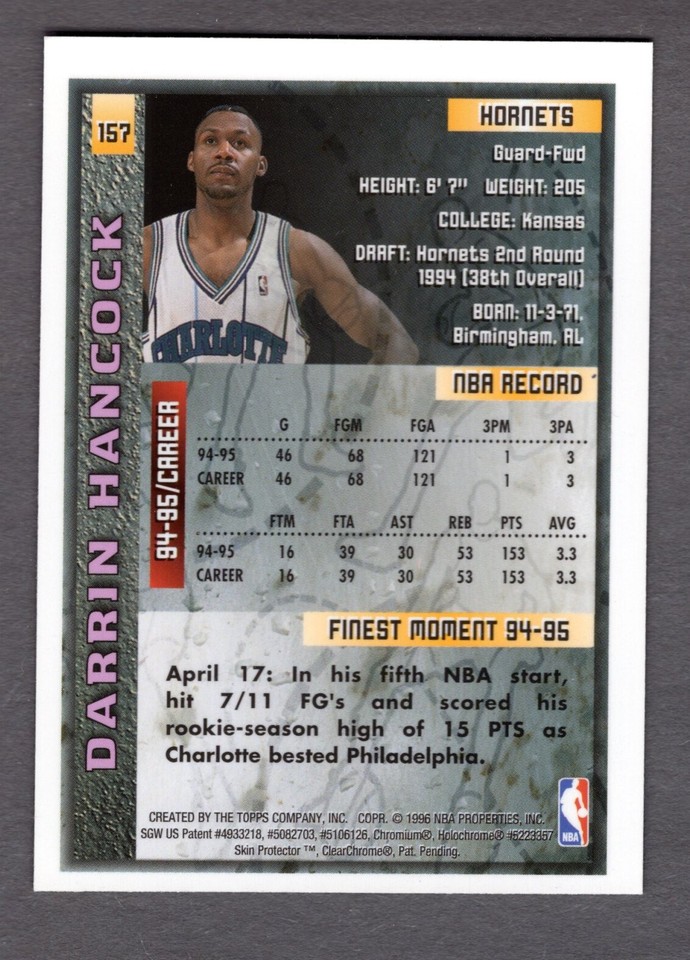 1995-96 TOPPS FINEST DARRIN HANCOCK CARD #157 **NM-MT** CHARLOTTE ...