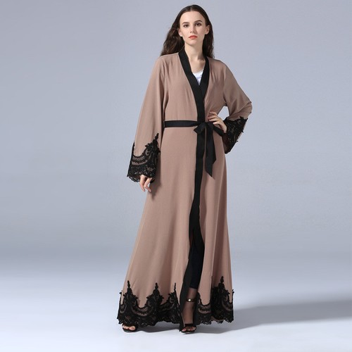 Dubai Lace Cardigan Muslim Women Open Front Robe Islamic Maxi Dress ...