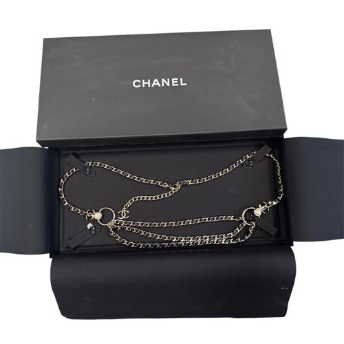 Chanel B22C 3 Chain Black Leather & Faux Pearls Belt | eBay