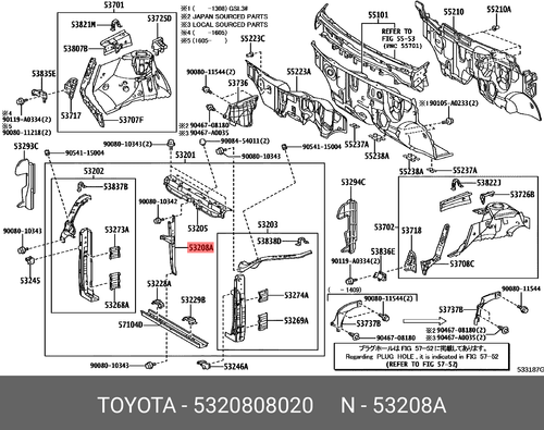 Genuine OE support sub-assy, hood lock, 5320808020 for TOYOTA 53208 ...