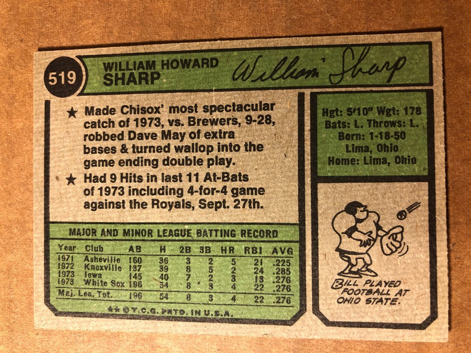 1974 Topps Card #519, Bill Sharp, MINT (BIGJ’S) Chicago White Sox | eBay