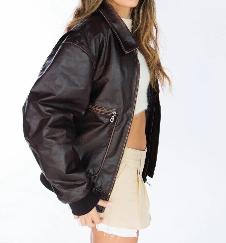 Women's Handmade Oversized Real Leather Distressed Brown Bomber Jacket ...